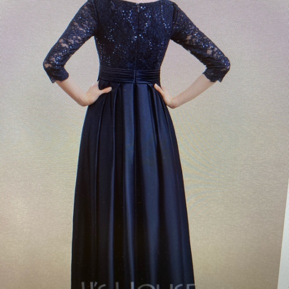 JJs House | Dresses | Navy Aline Vneck Floor Lgth Satin Lace Motb Dress ...